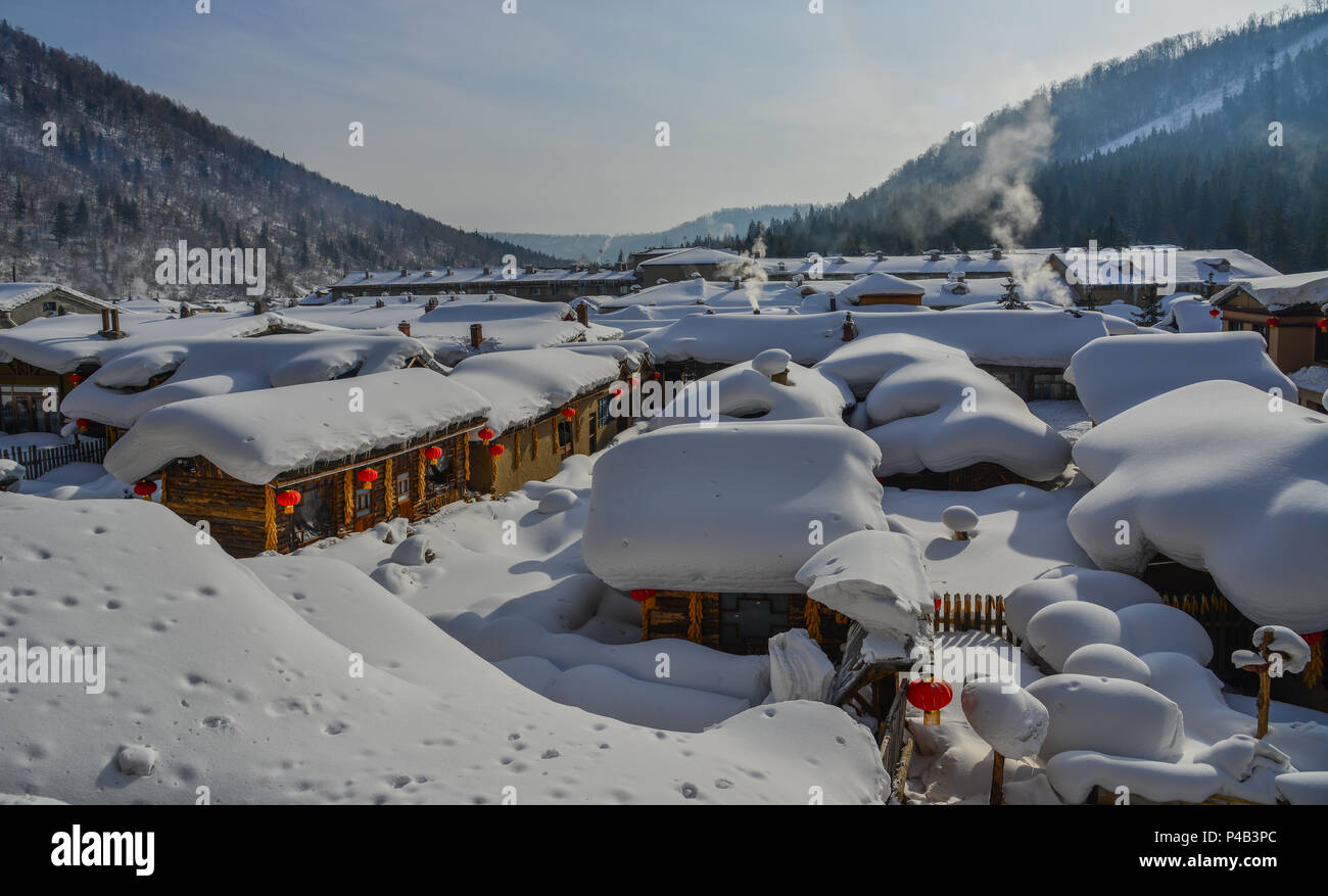 Snow village at sunny day in Mohe County, Northernmost China Stock ...