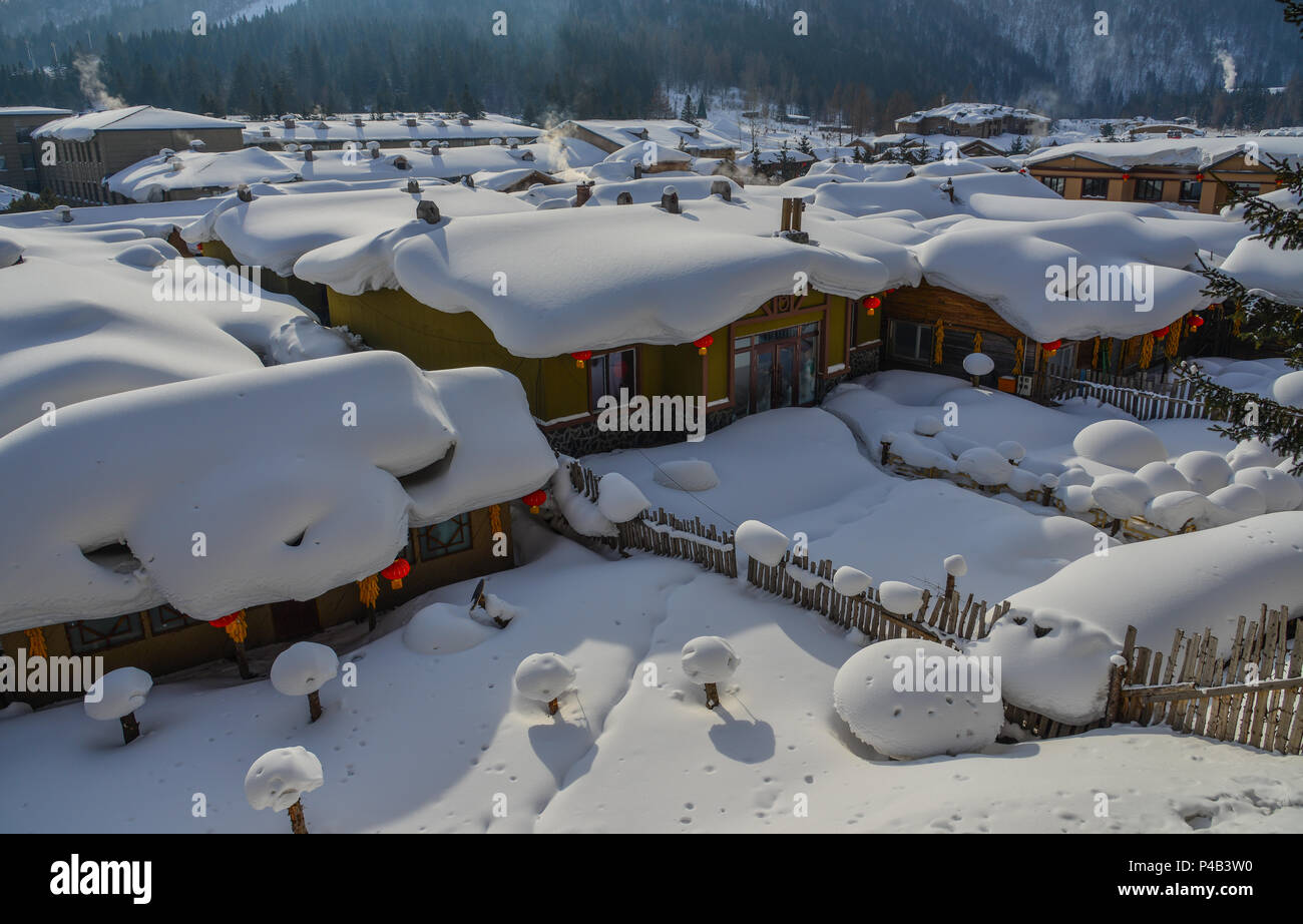 Snow village at sunny day in Mohe County, Northernmost China Stock ...