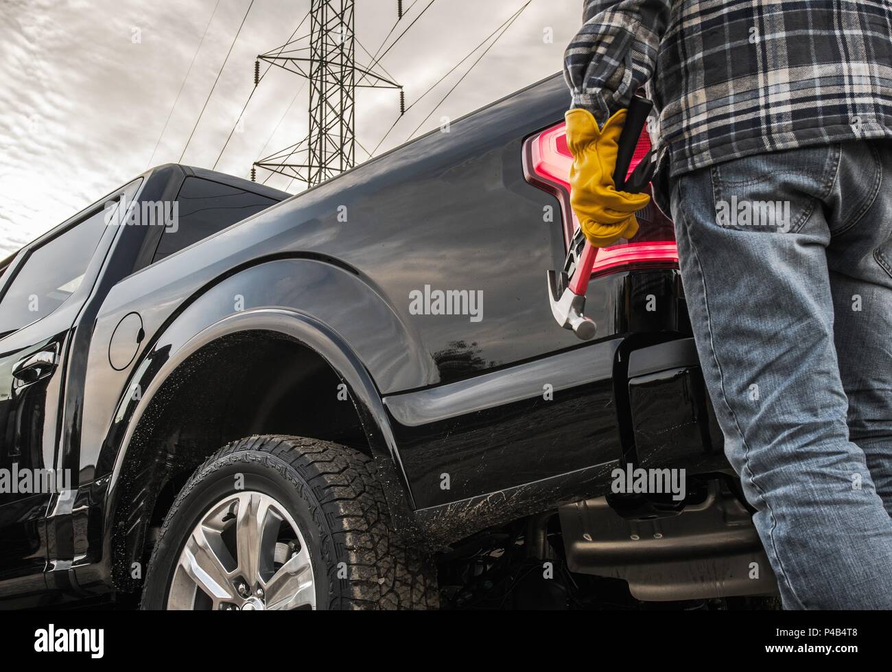 Contractor with Tools and His Truck. Closeup Photo. Construction Theme ...