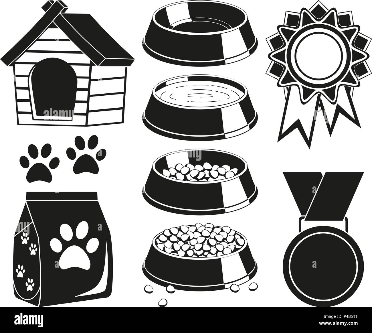 9 black and white cat care elements silhouette set Stock Vector Image ...