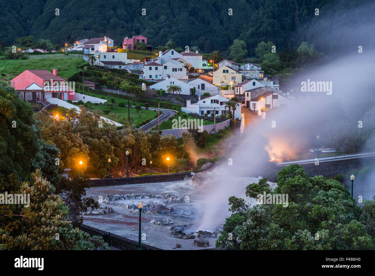 Portugal, Azores, Sao Miguel Island, Furnas, hot springs area, dusk ...