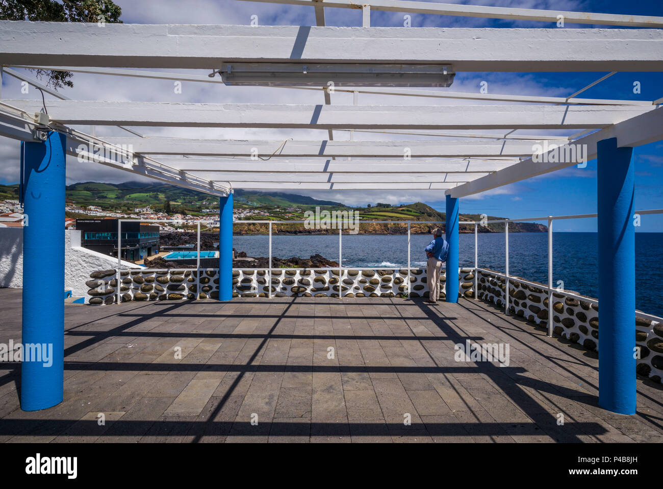Portugal, Azores, Sao Miguel Island, Lagoa, town swimming pool area ...