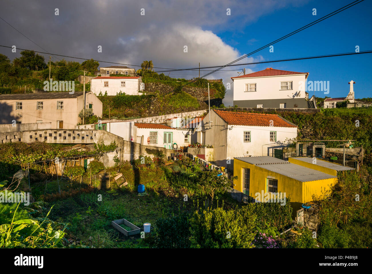 Portugal, Azores, Sao Jorge Island, Norte Grande, coastal buildings ...