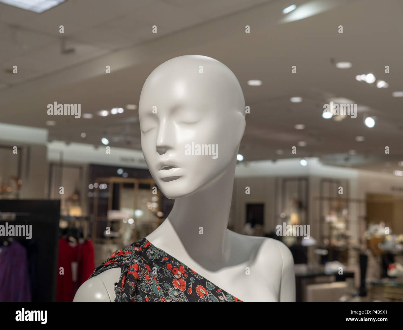 A head of a female mannequin being displayed in department fashion ...