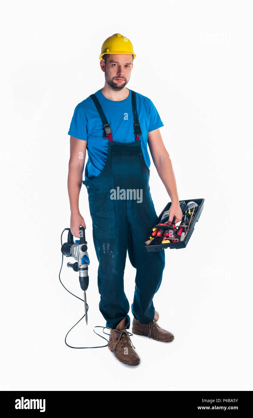 Handyman standing isolated on white in studio Stock Photo - Alamy