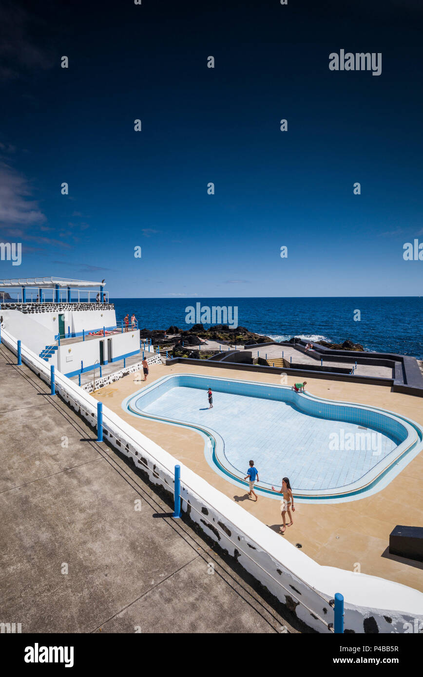 Portugal, Azores, Sao Miguel Island, Lagoa, town swimming pool area ...