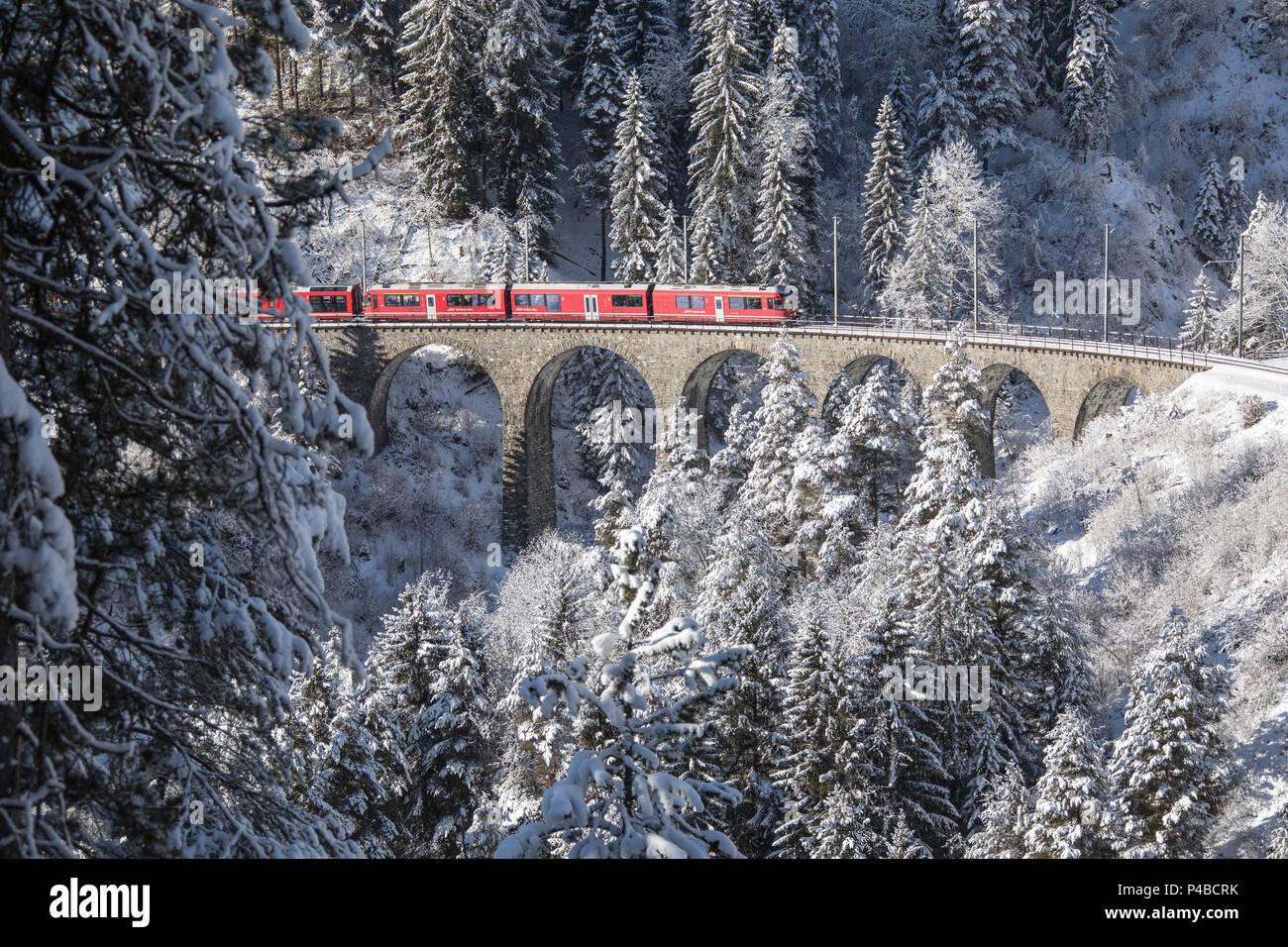 Bernina Express train on Landwasser Viadukt, Filisur, Albula Valley ...