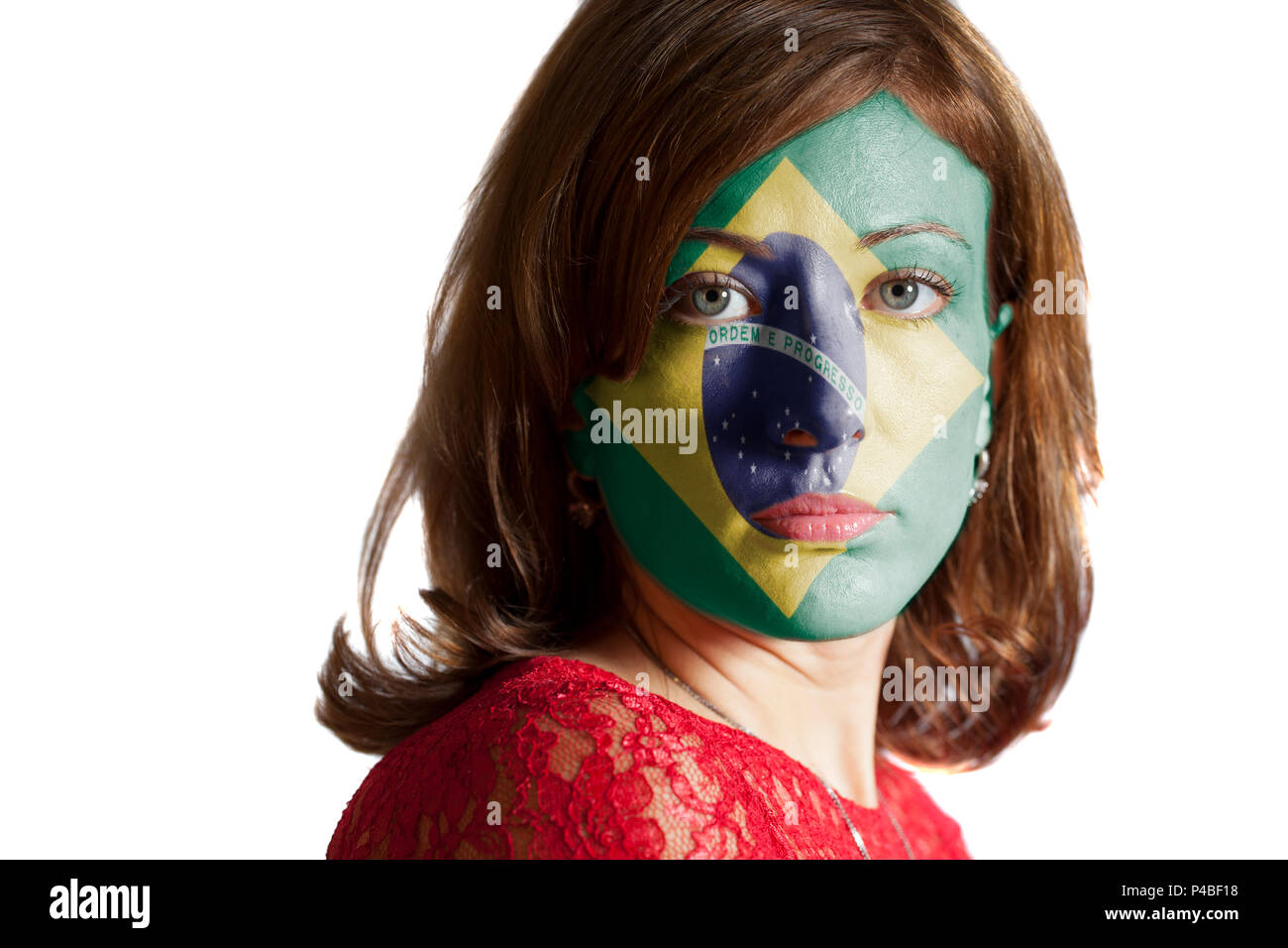 Woman face with painted Flag of Brazil isolated on white background ...