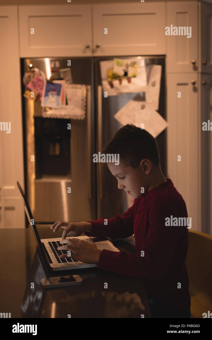 Boy using laptop at home Stock Photo - Alamy