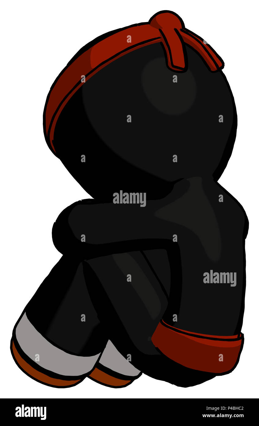 Orange ninja warrior man sitting with head down back view facing left ...