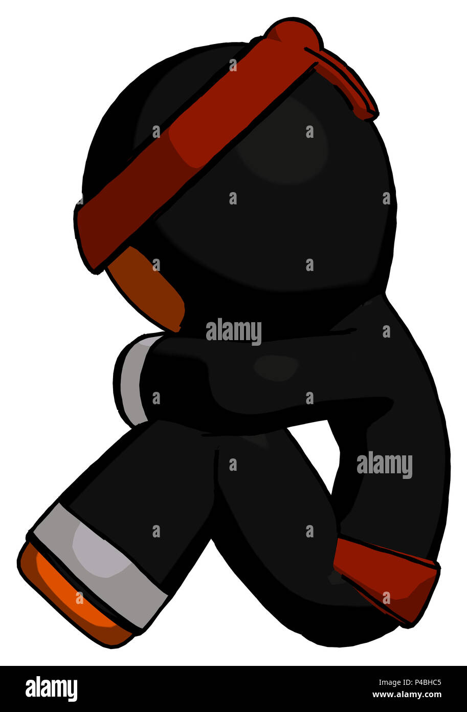Orange ninja warrior man sitting with head down facing sideways left ...