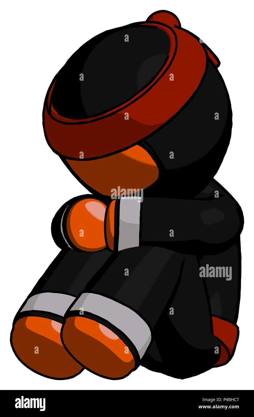 Orange ninja warrior man sitting with head down facing angle left Stock ...