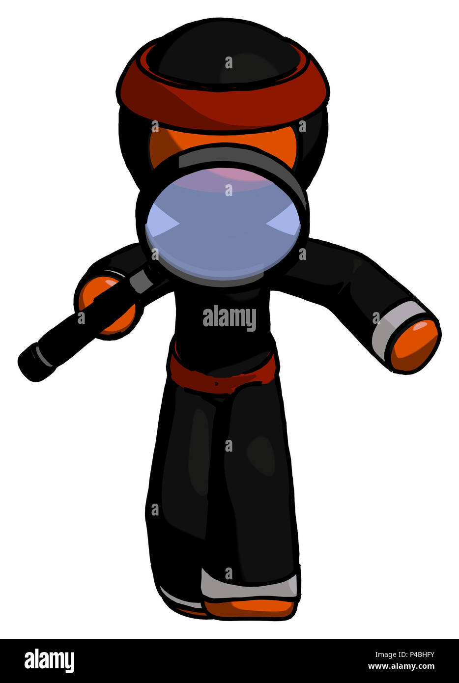 Orange ninja warrior man looking down through magnifying glass Stock ...