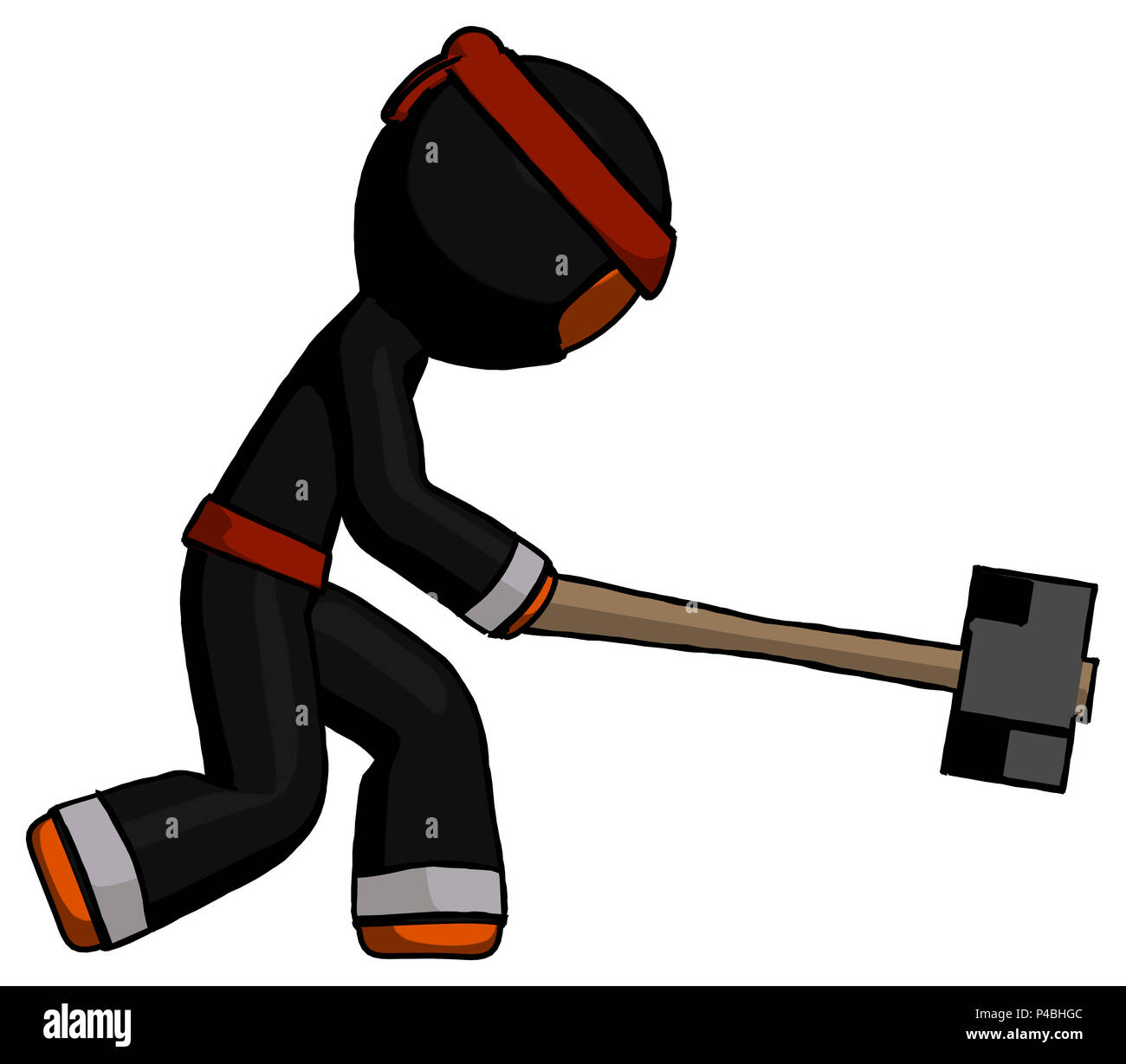 Orange ninja warrior man smashing with sledgehammer, or hitting ...
