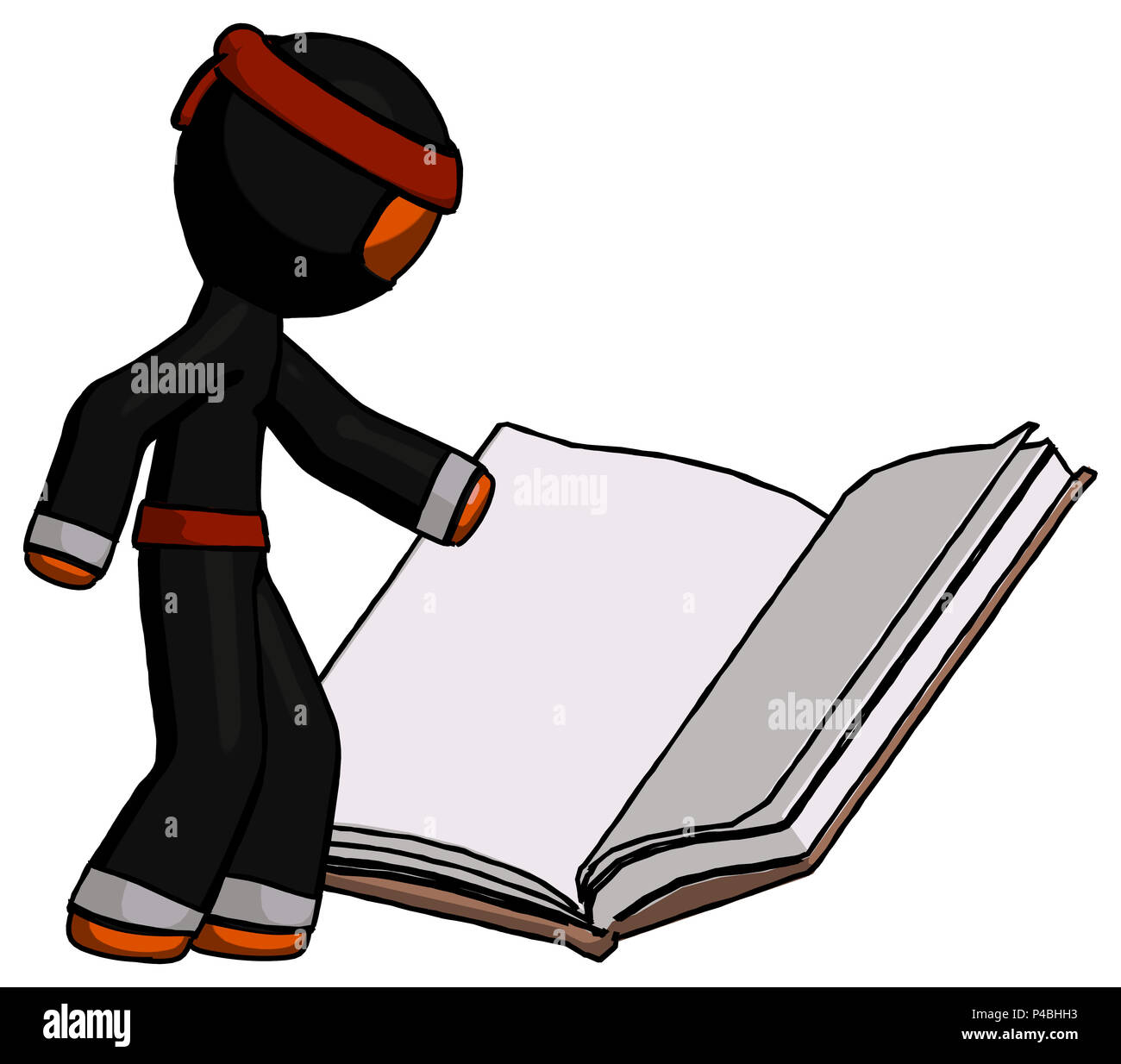 Orange ninja warrior man reading big book while standing beside it ...