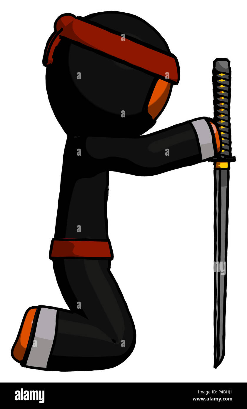 Orange ninja warrior man kneeling with ninja sword katana showing ...