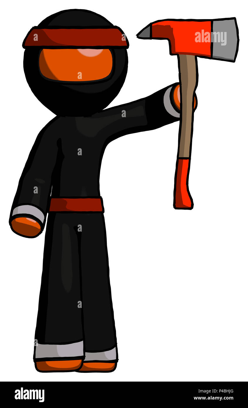Orange ninja warrior man holding up red firefighter's ax Stock Photo ...