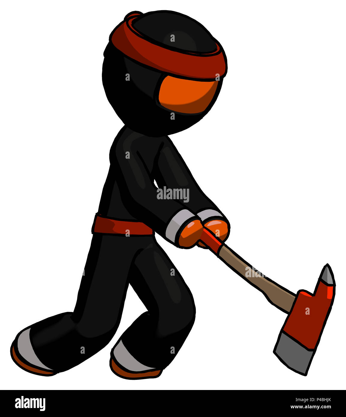 Orange ninja warrior man striking with a red firefighter's ax Stock ...