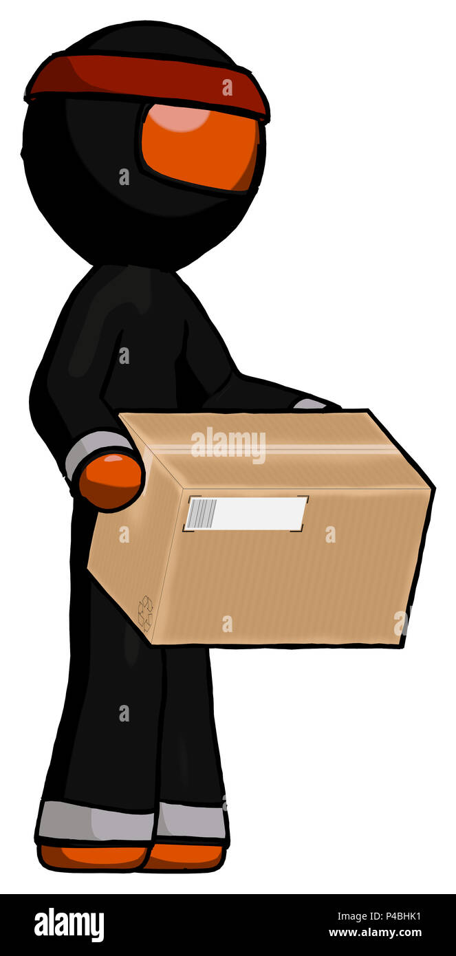 Orange ninja warrior man holding package to send or recieve in mail ...