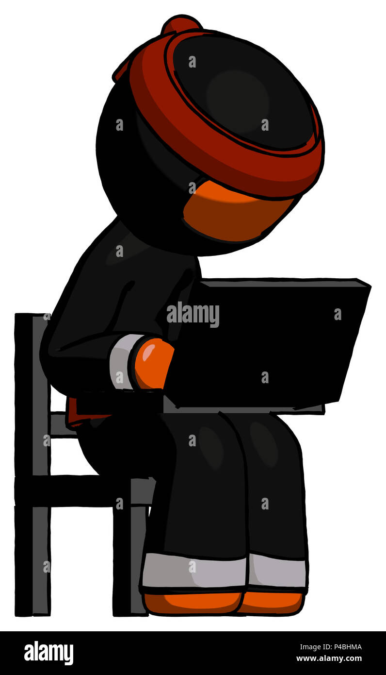 Orange ninja warrior man using laptop computer while sitting in chair ...