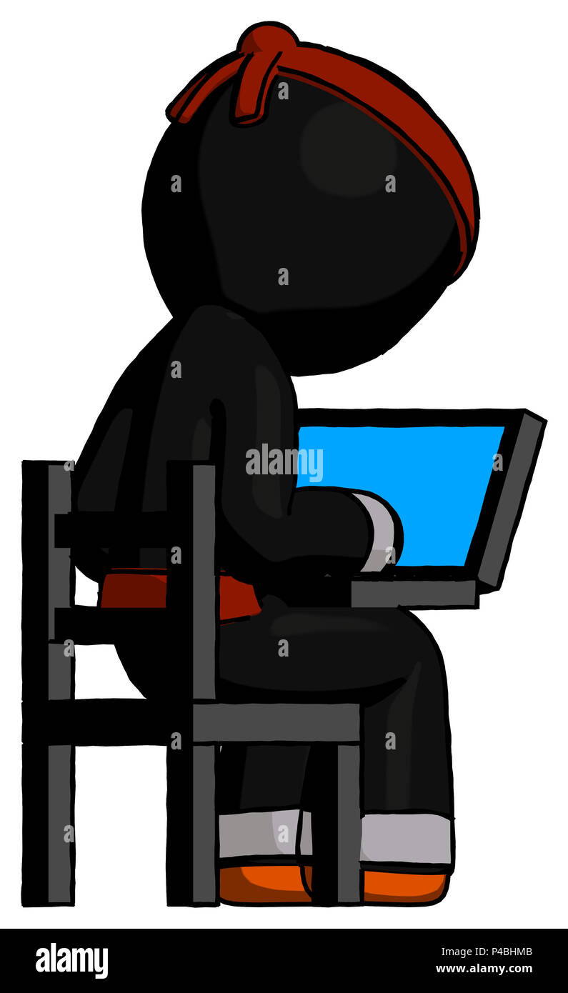 Orange ninja warrior man using laptop computer while sitting in chair ...