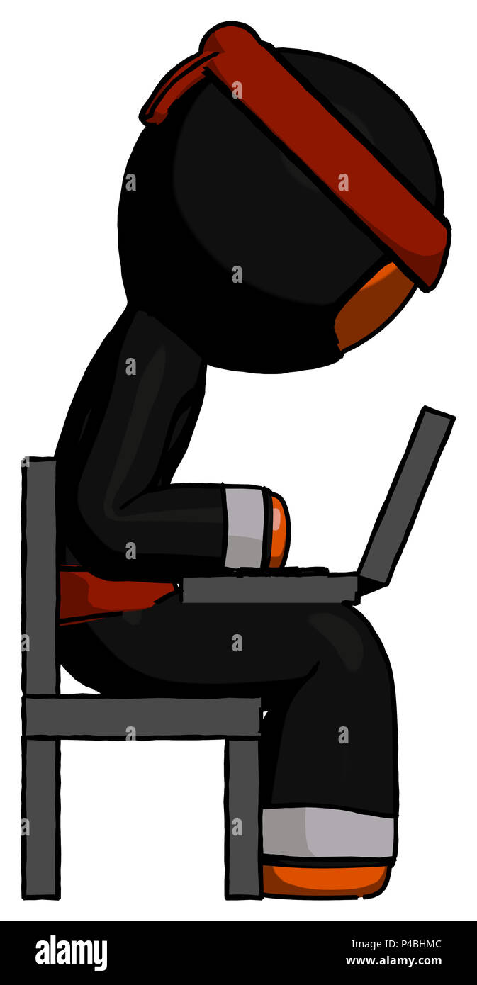 Orange ninja warrior man using laptop computer while sitting in chair ...