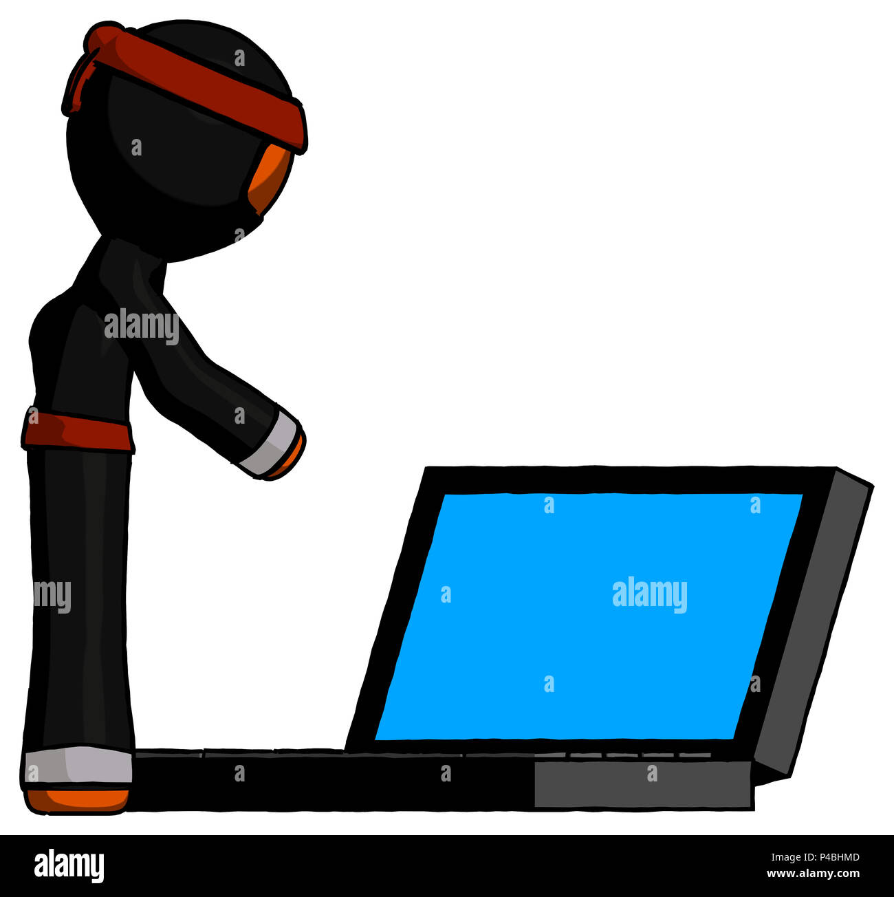 Orange ninja warrior man using large laptop computer side orthographic ...