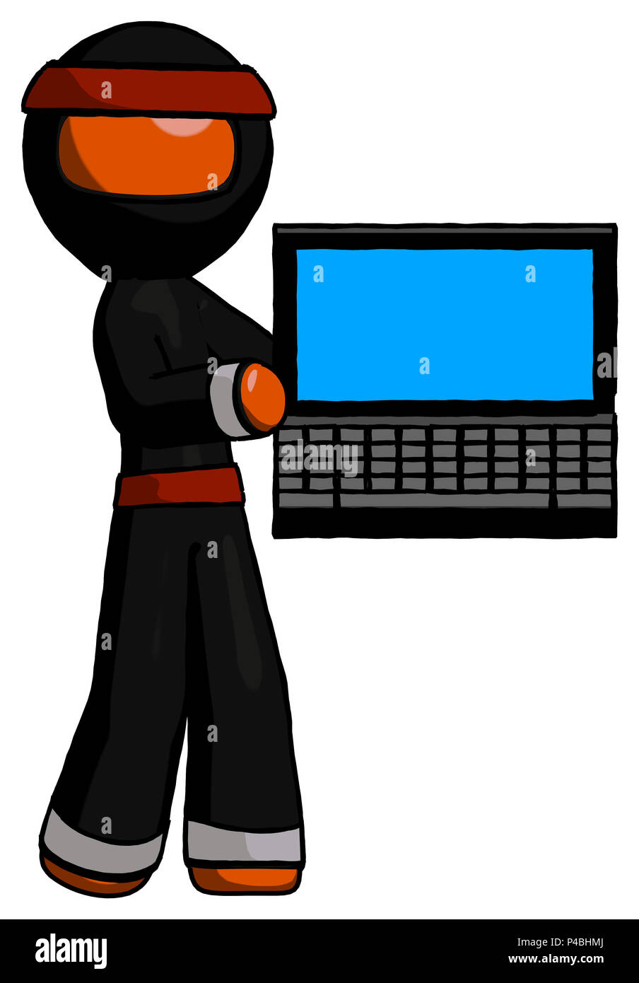 Orange ninja warrior man holding laptop computer presenting something ...