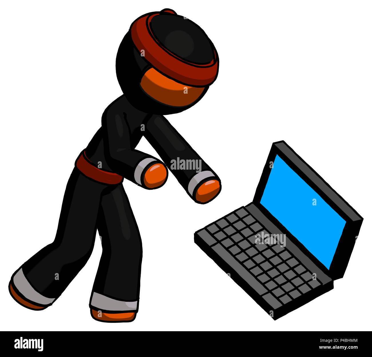 Orange ninja warrior man throwing laptop computer in frustration Stock ...