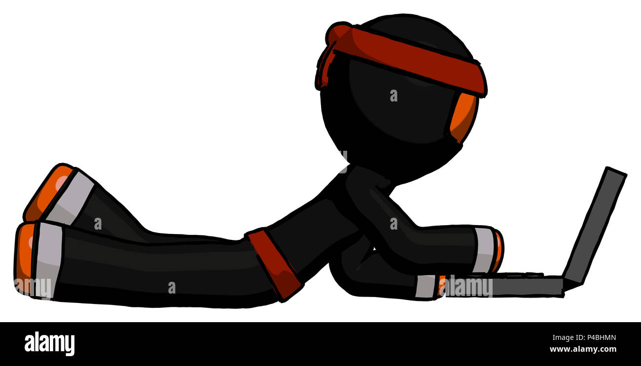 Orange ninja warrior man using laptop computer while lying on floor ...