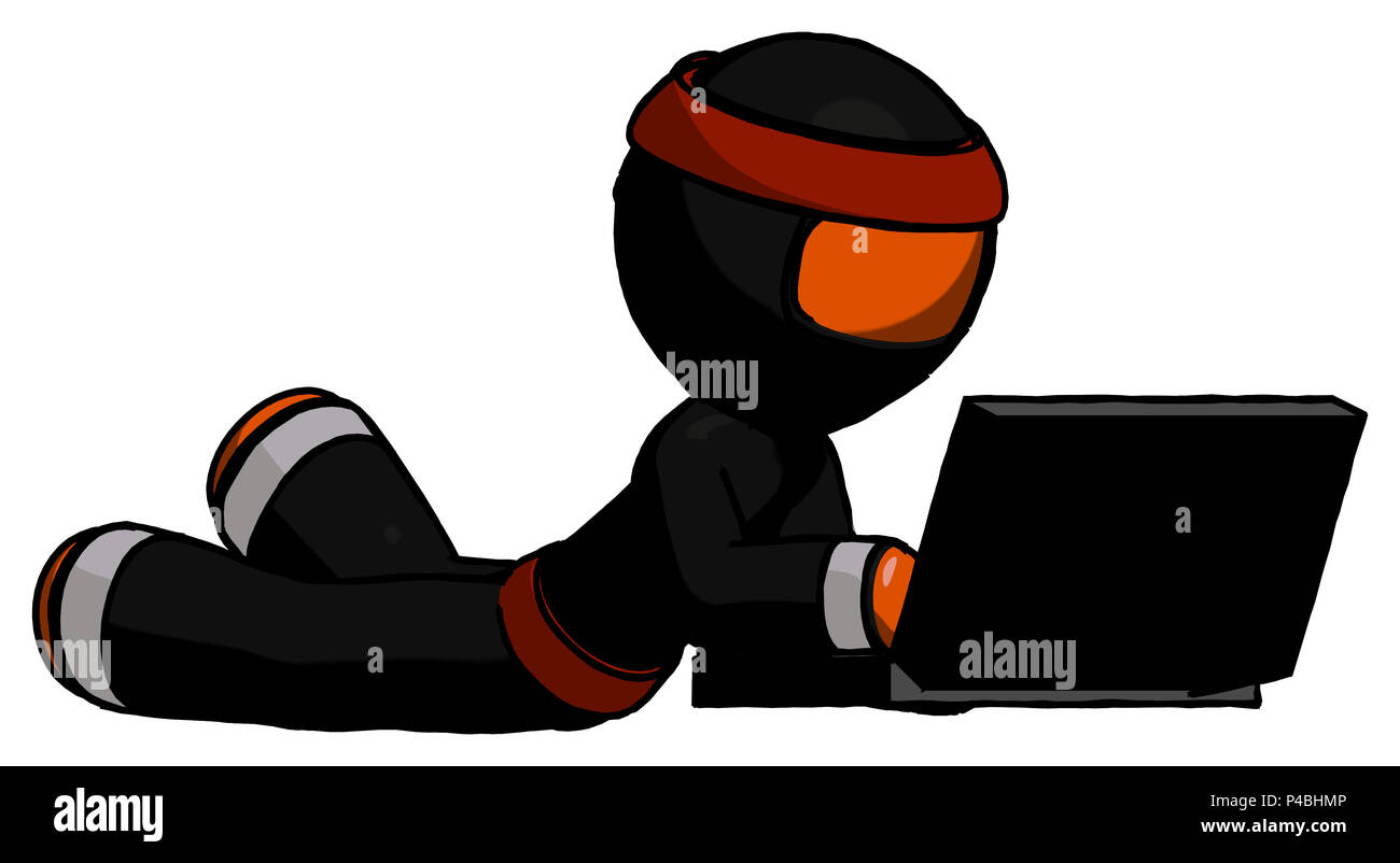 Orange ninja warrior man using laptop computer while lying on floor ...