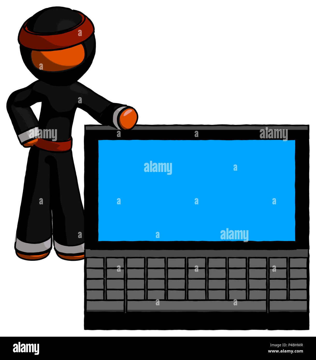 Orange ninja warrior man beside large laptop computer, leaning against ...