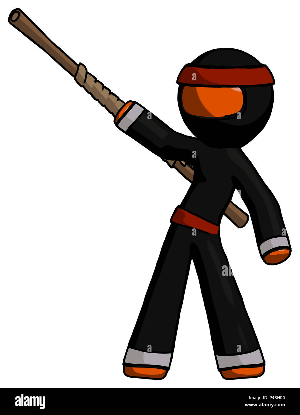 Orange ninja warrior man bo staff pointing up pose Stock Photo - Alamy