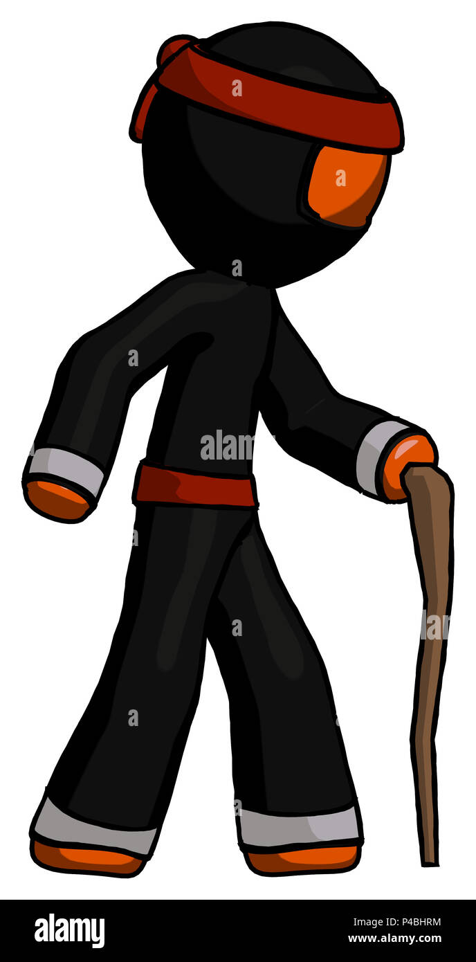 Orange ninja warrior man walking with hiking stick Stock Photo - Alamy