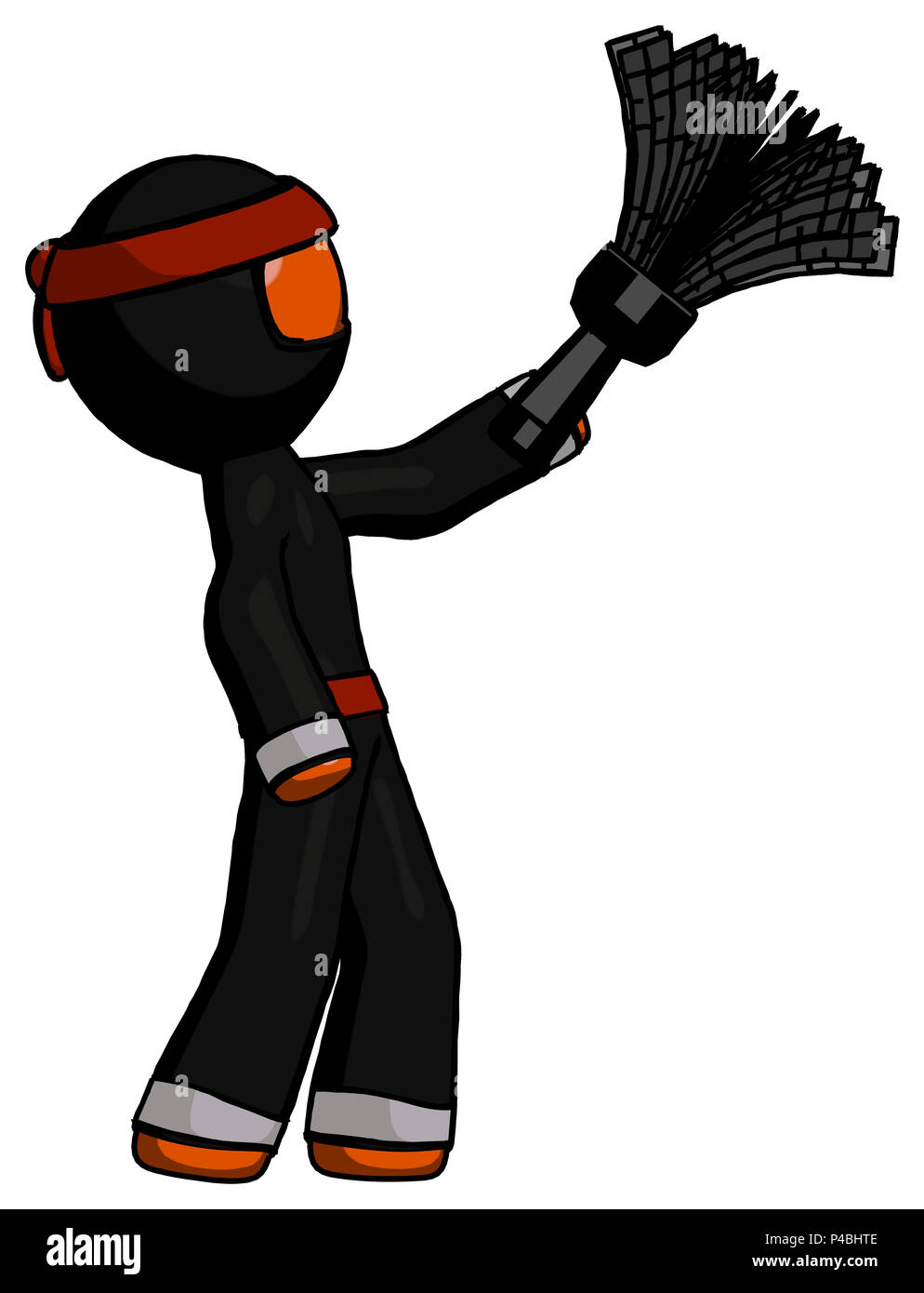 Orange ninja warrior man dusting with feather duster upwards Stock ...