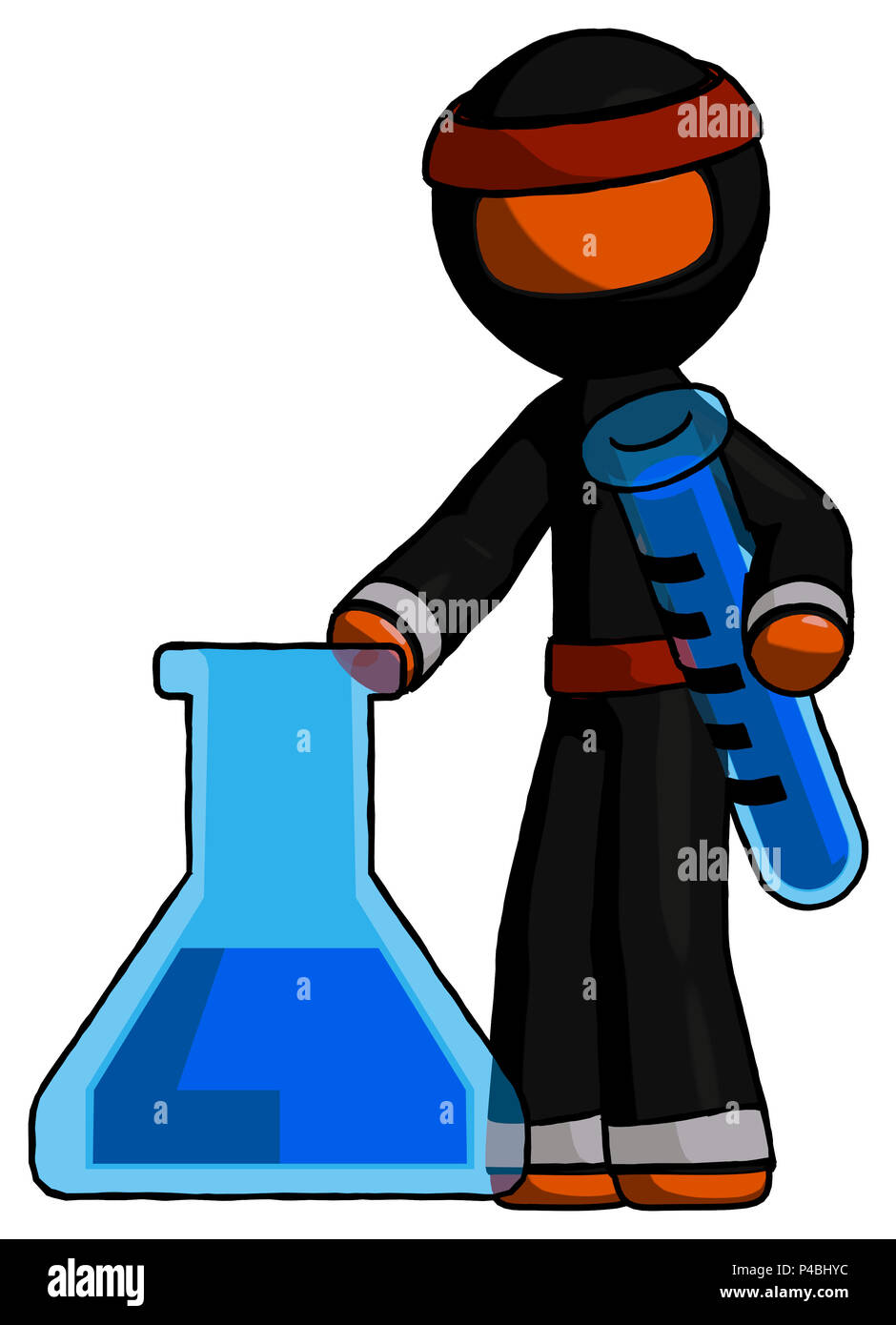 Orange ninja warrior man holding test tube beside beaker or flask Stock ...
