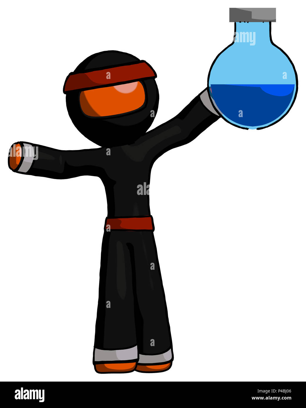Orange ninja warrior man holding large round flask or beaker Stock ...