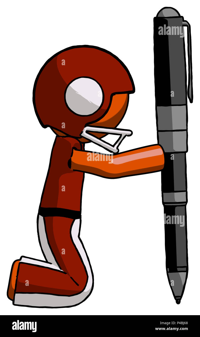 Orange football player man posing with giant pen in powerful yet ...