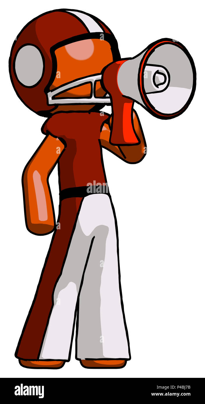 Orange football player man shouting into megaphone bullhorn facing ...