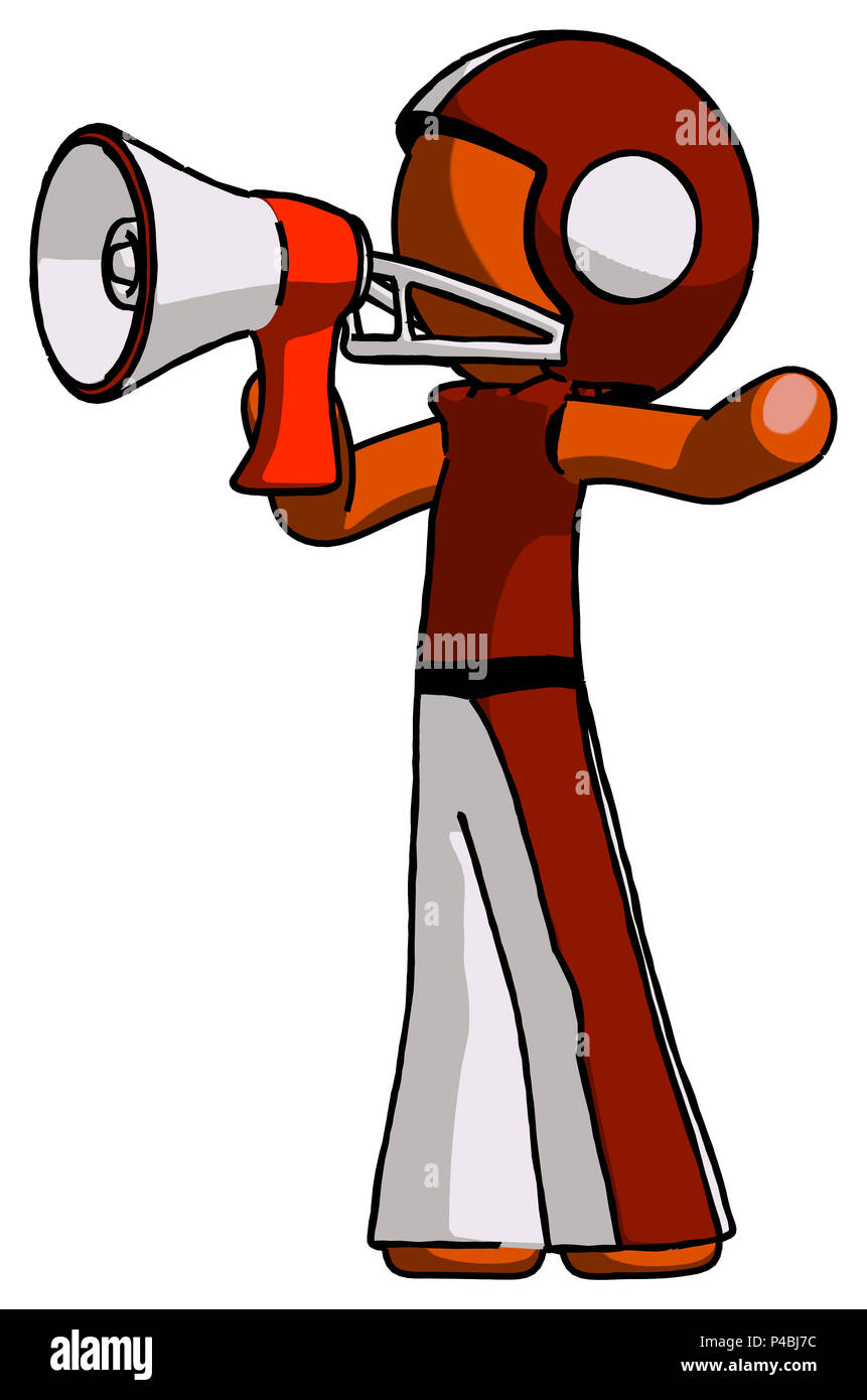 Orange football player man shouting into megaphone bullhorn facing left ...