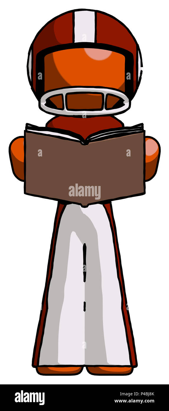 Orange football player man reading book while standing up facing viewer ...
