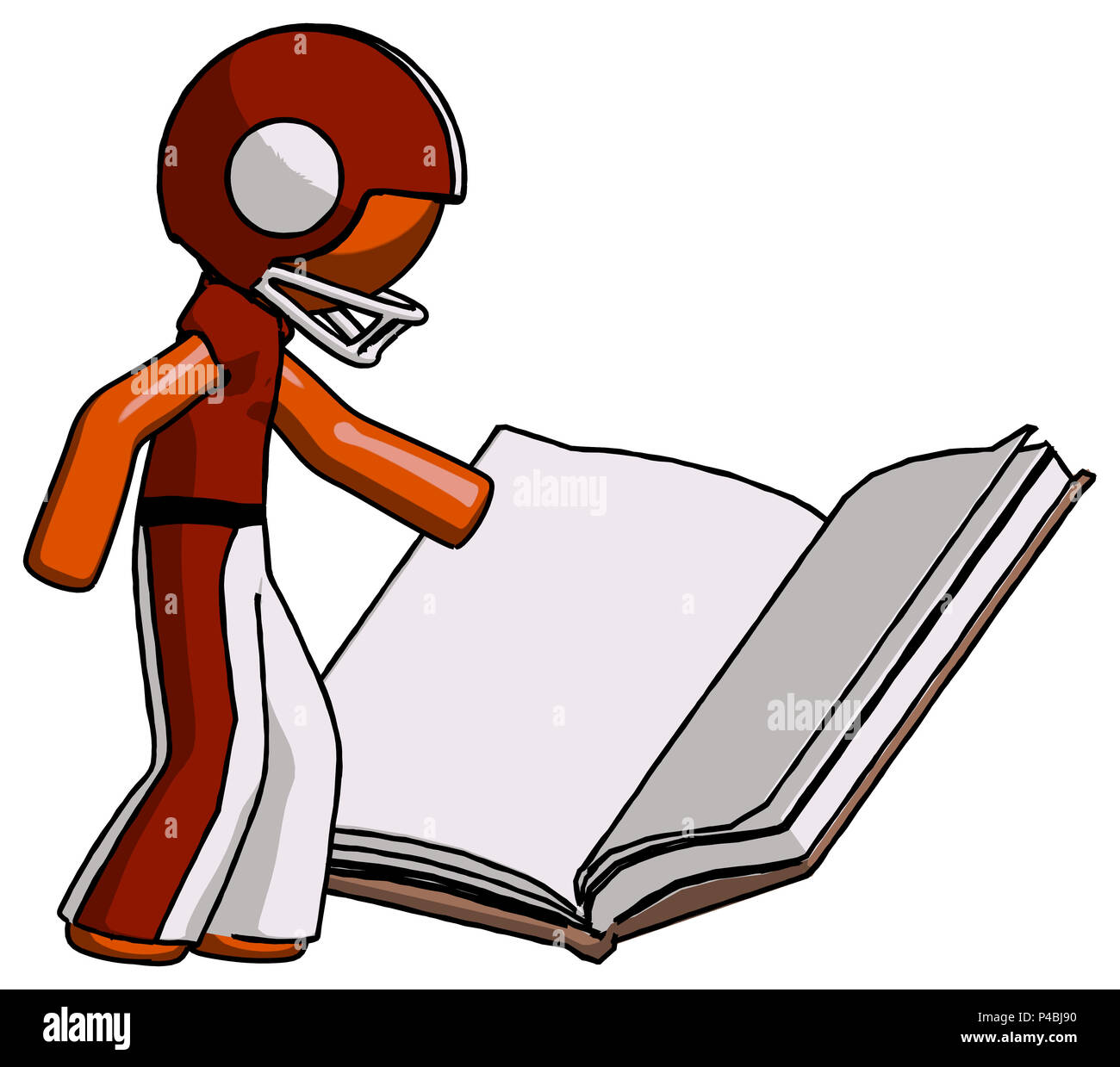 Orange football player man reading big book while standing beside it ...