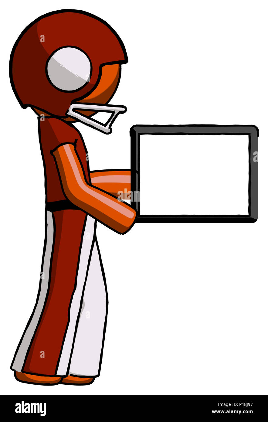 Orange football player man show tablet device computer to viewer, blank ...