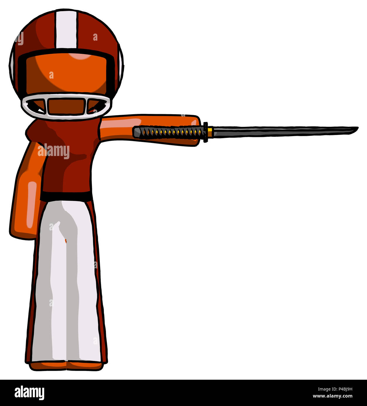 Orange football player man standing with ninja sword katana pointing ...