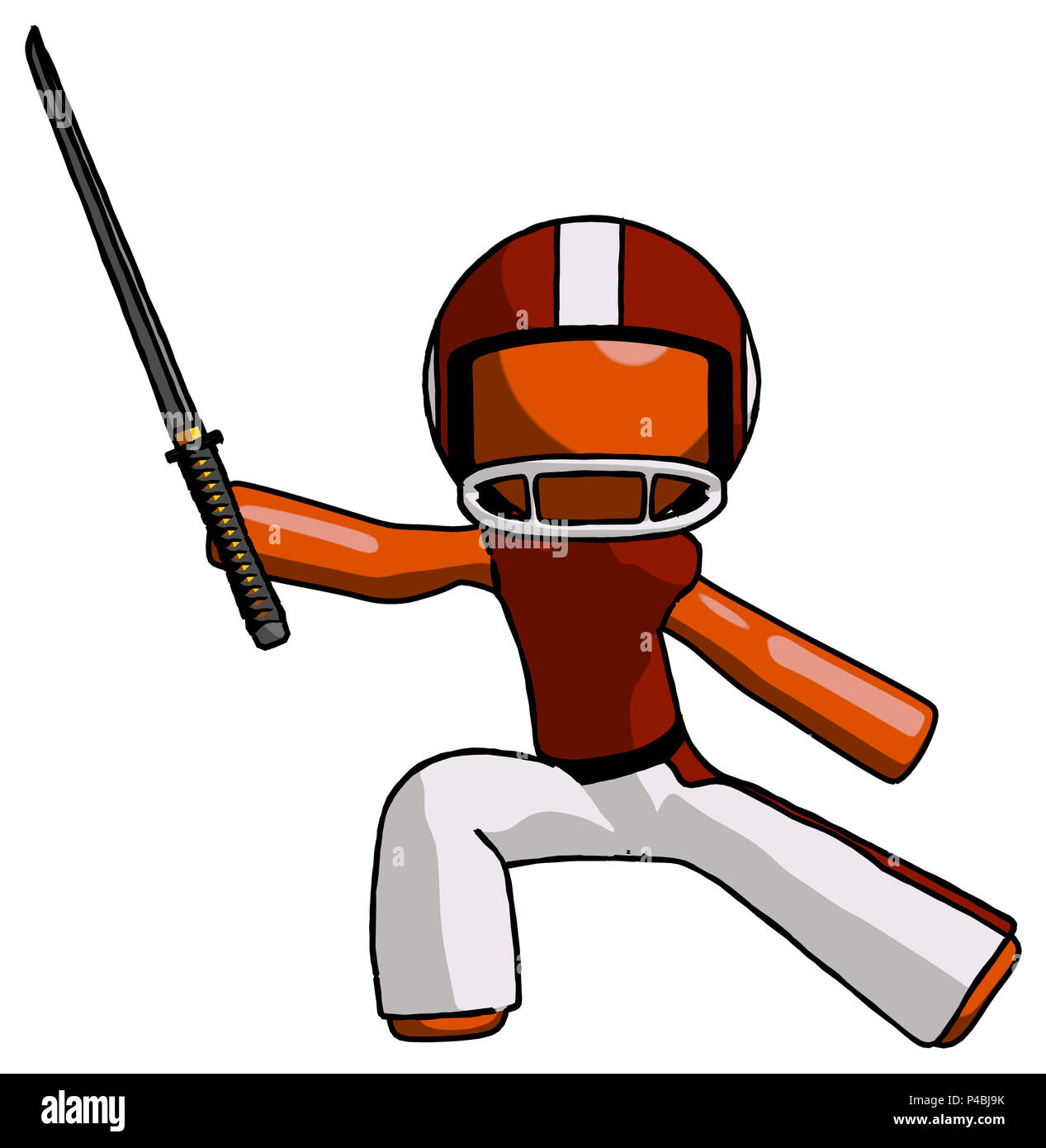 Orange football player man with ninja sword katana in defense pose ...