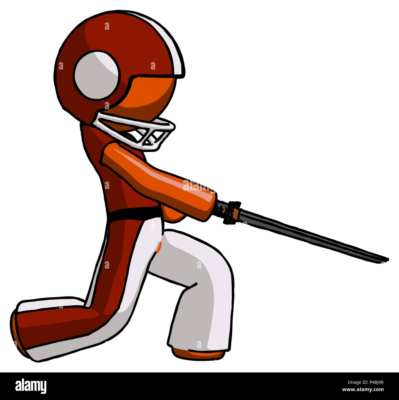 Orange football player man with ninja sword katana slicing or striking ...