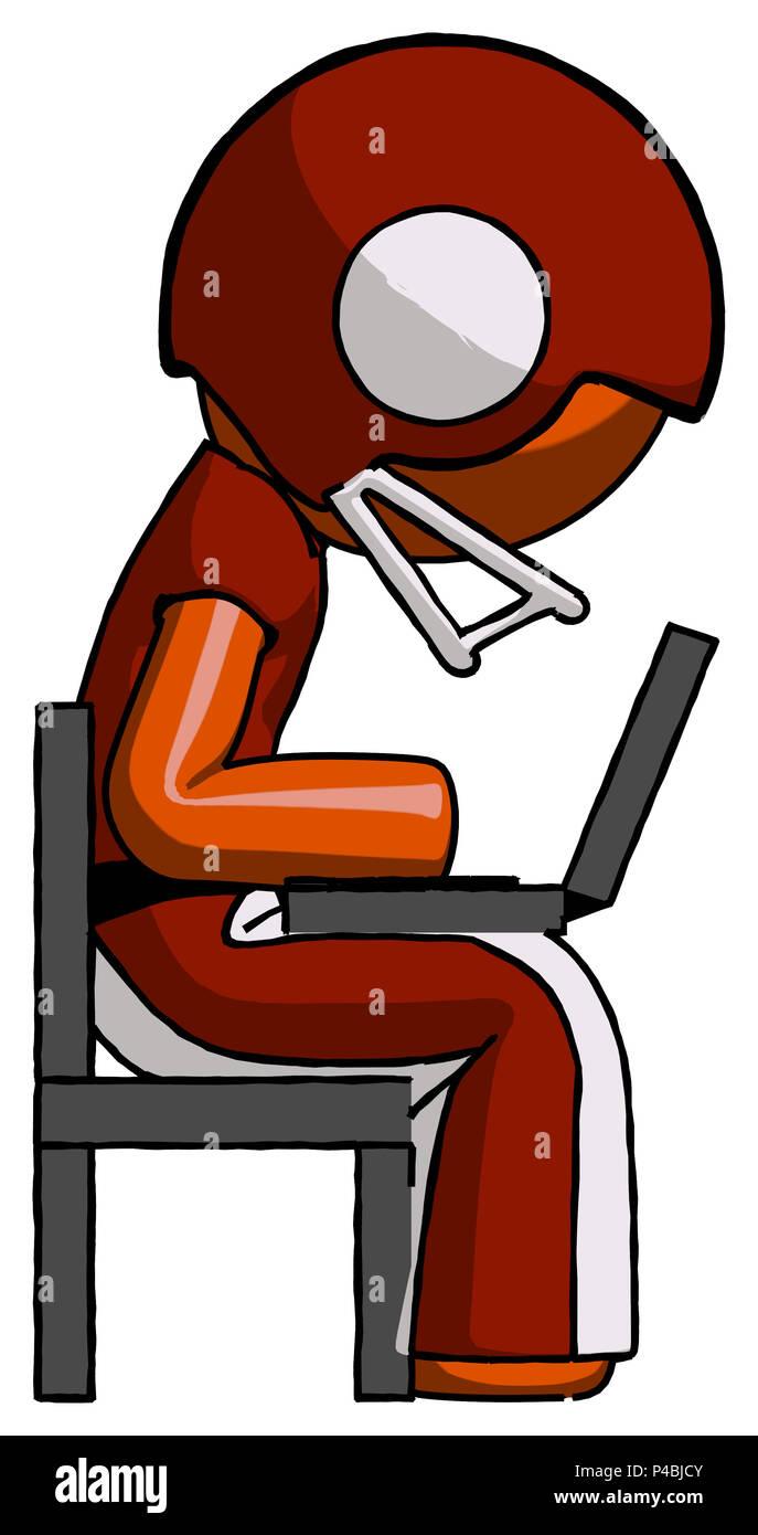 Orange football player man using laptop computer while sitting in chair ...