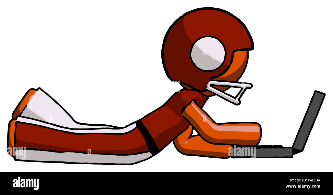Orange football player man using laptop computer while lying on floor ...