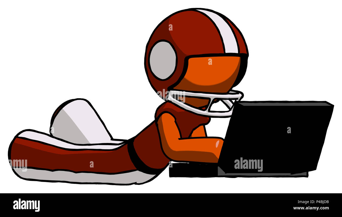 Orange football player man using laptop computer while lying on floor ...