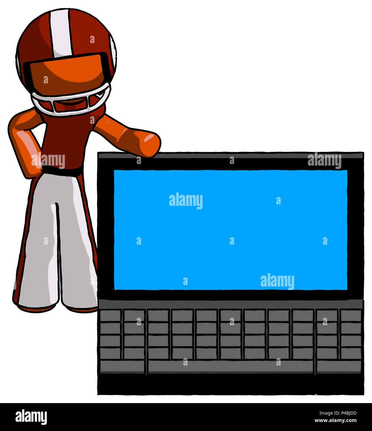 Orange football player man beside large laptop computer, leaning ...